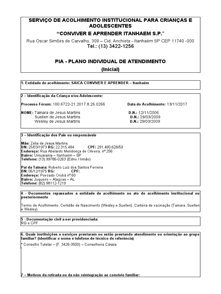 PIA Plano Individual de Atendimento | PDF | Família | Adolescência