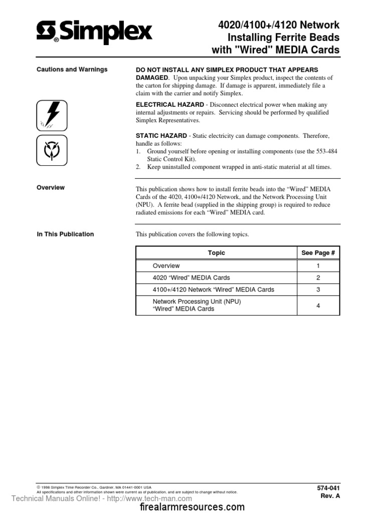 Simplex 4100 Network Ferrite Beads Media Cards Rev A 9035817264 | PDF