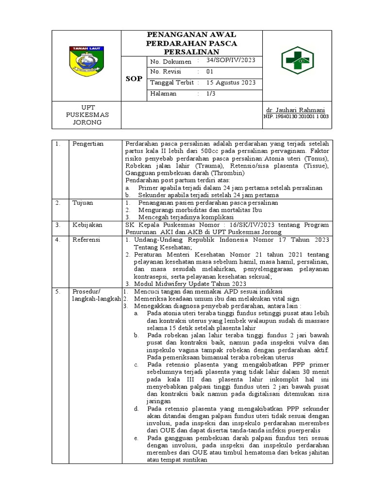 34.SOP Penanganan Awal Perdarahan Pasca Persalinan | PDF