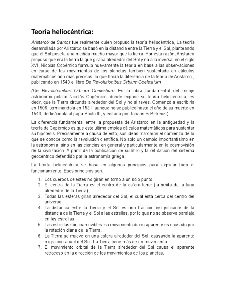 Teoría Heliocéntrica | PDF | Heliocentrismo | Nicolás Copérnico