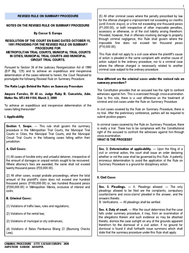 Criminal Procedure (Revised Rule On Summary Procedure) - Atty. Europa | PDF | Complaint ...