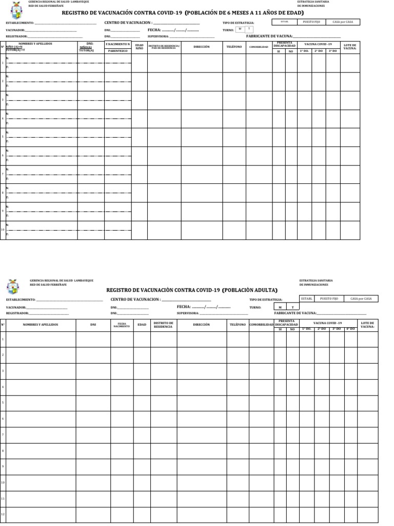 Formatos de Registro de Vacunación Covid-19 2022 | PDF | Ciencias de la ...