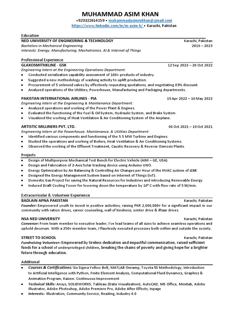 Resume - Muhammad Asim Khan | PDF | Power Station | Engineering