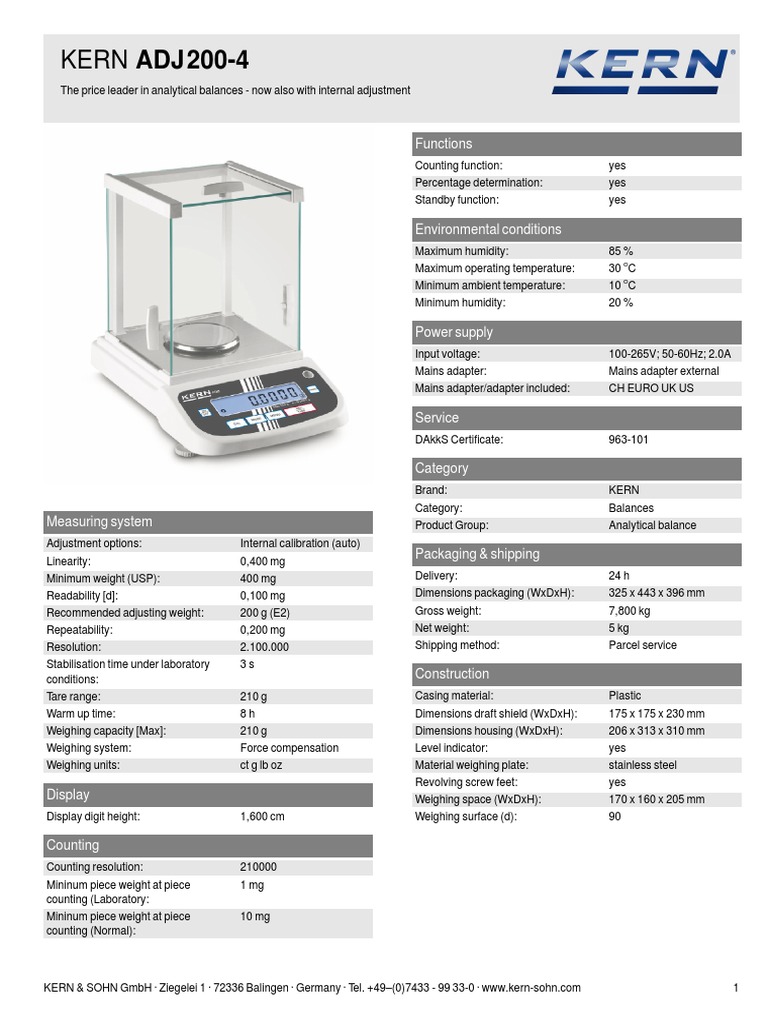 KERN ADJ200-4 Analytical Balance Specs | PDF | Weight | Humidity