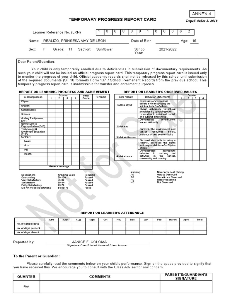 Annex 4 Temporary Progress Report Card DO 3 2018 | PDF | Learning