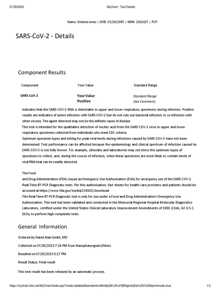 Kristina - Jones - Mychart - Positive Covid Test | PDF | Infection | Virus