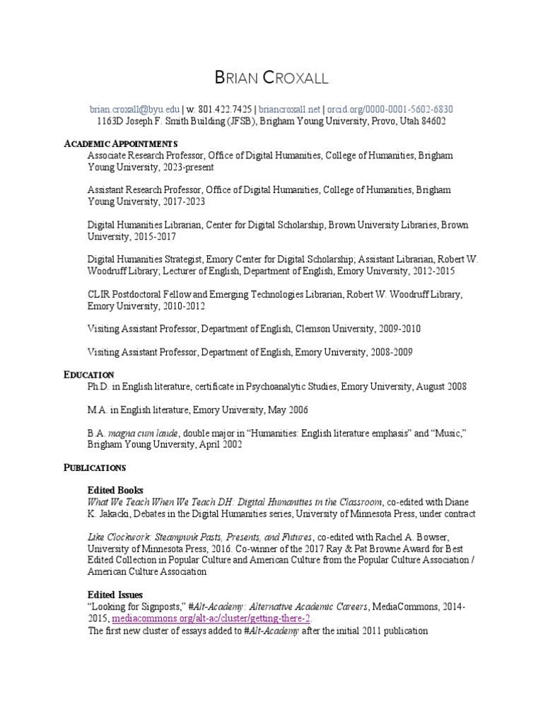 Brian Croxall CV, 5 September 2023 | PDF | Humanities | Libraries