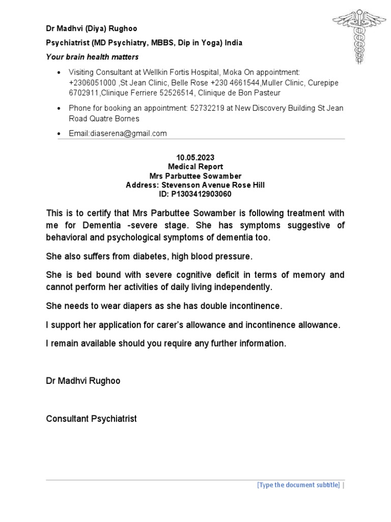 Medical Report for Mrs. Sowamber | PDF