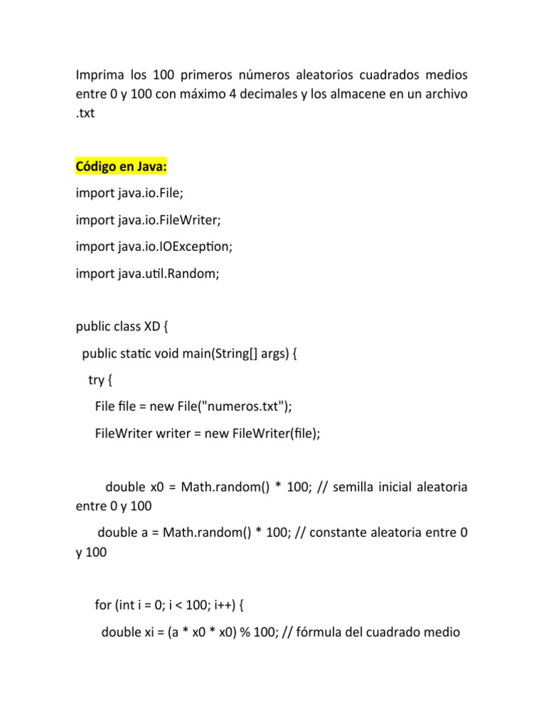 100 Números Cuadrados Medios Aleatorios en Java e Imprimir | PDF