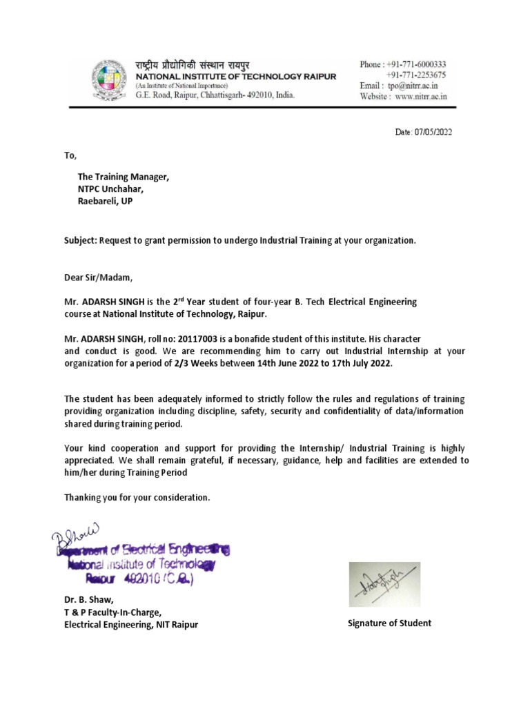 Internship Request for NIT Raipur Student | PDF | Career & Growth ...