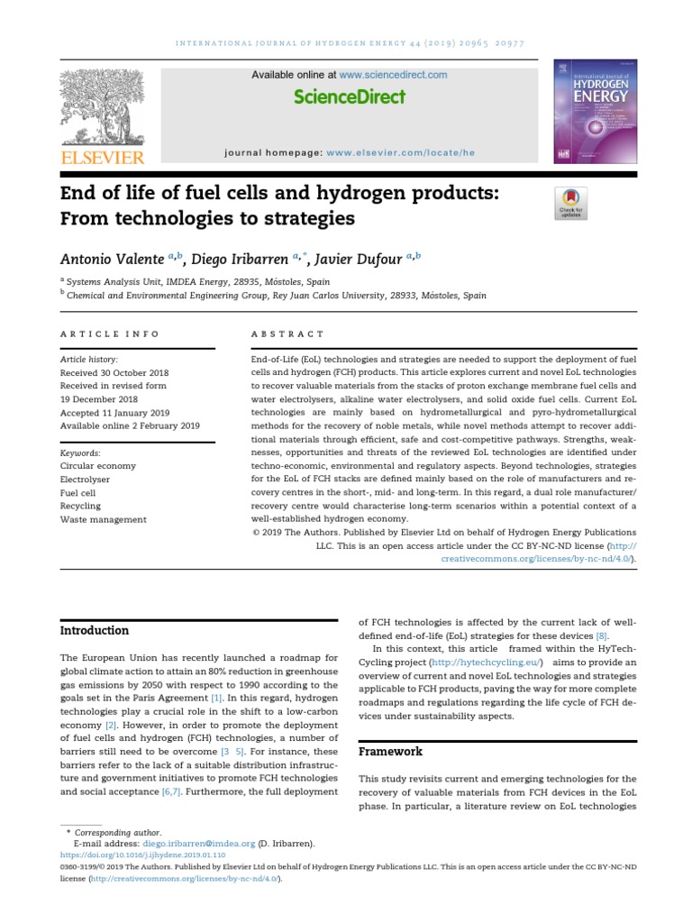 End of Life of Fuel Cells and Hydrogen Products - 2019 - International ...