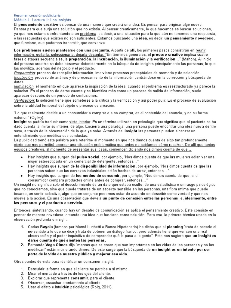 Resumen Creación Publicitaria I M1 - M2. | PDF | Publicidad | Creatividad