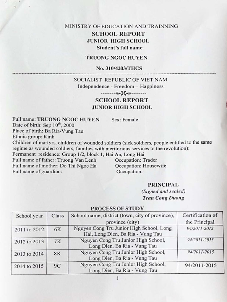 Secondary School Transcripts (Translated) | PDF