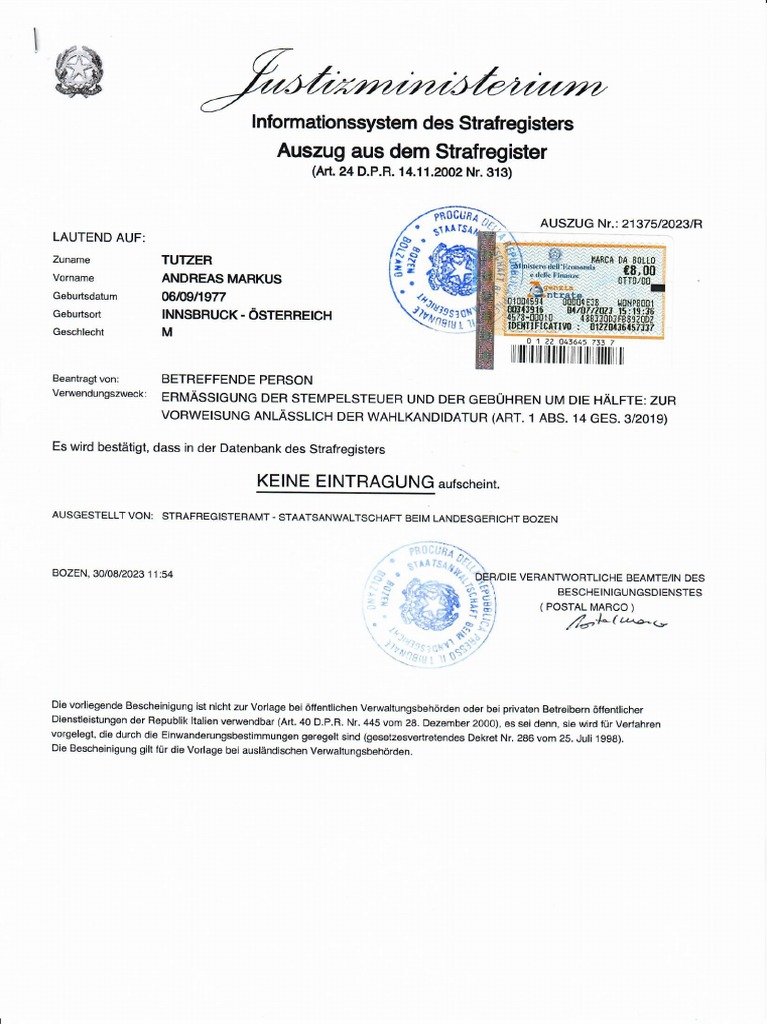 Andreas Tutzer Strafregisterauszug | PDF