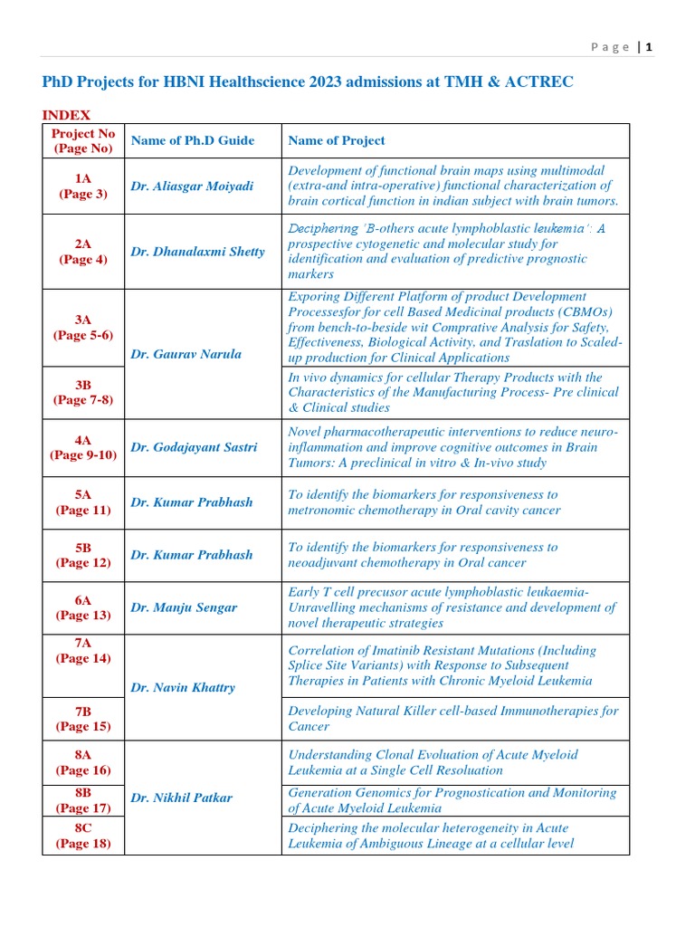 HBNI PHD Health Science Projects | PDF | Natural Killer Cell | Cancer