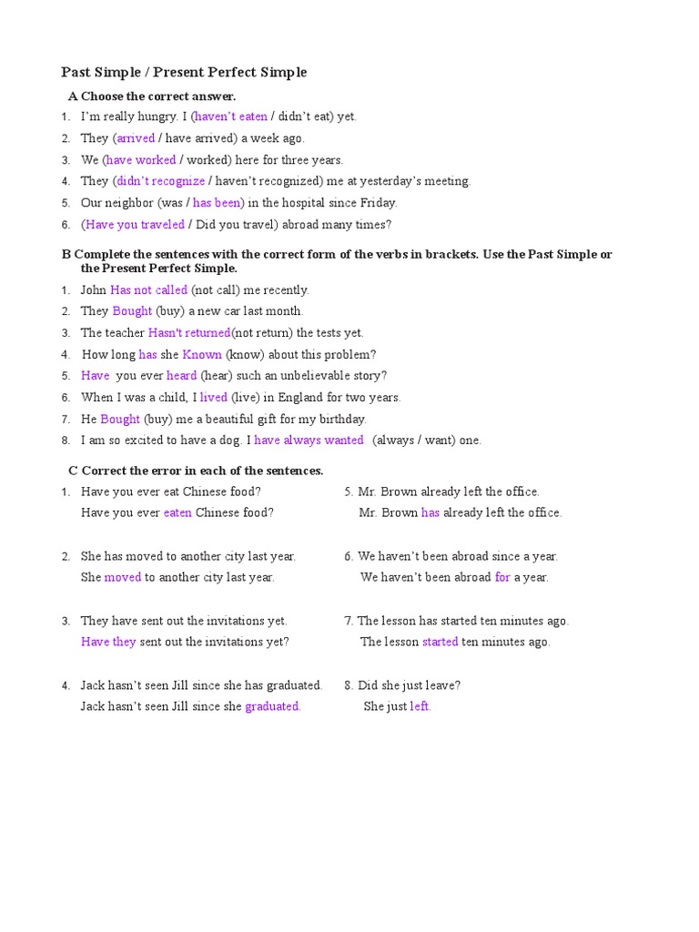 Simple Past vs. Present Perfect (Practice) . | PDF