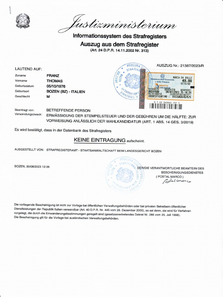 Thomas Franz Strafregisterauszug | PDF