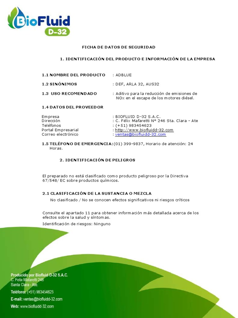 HOJA DE SEGURIDAD - MSDS-BIOFLUID D-32 AdBlue | PDF | Ciencia y matemáticas