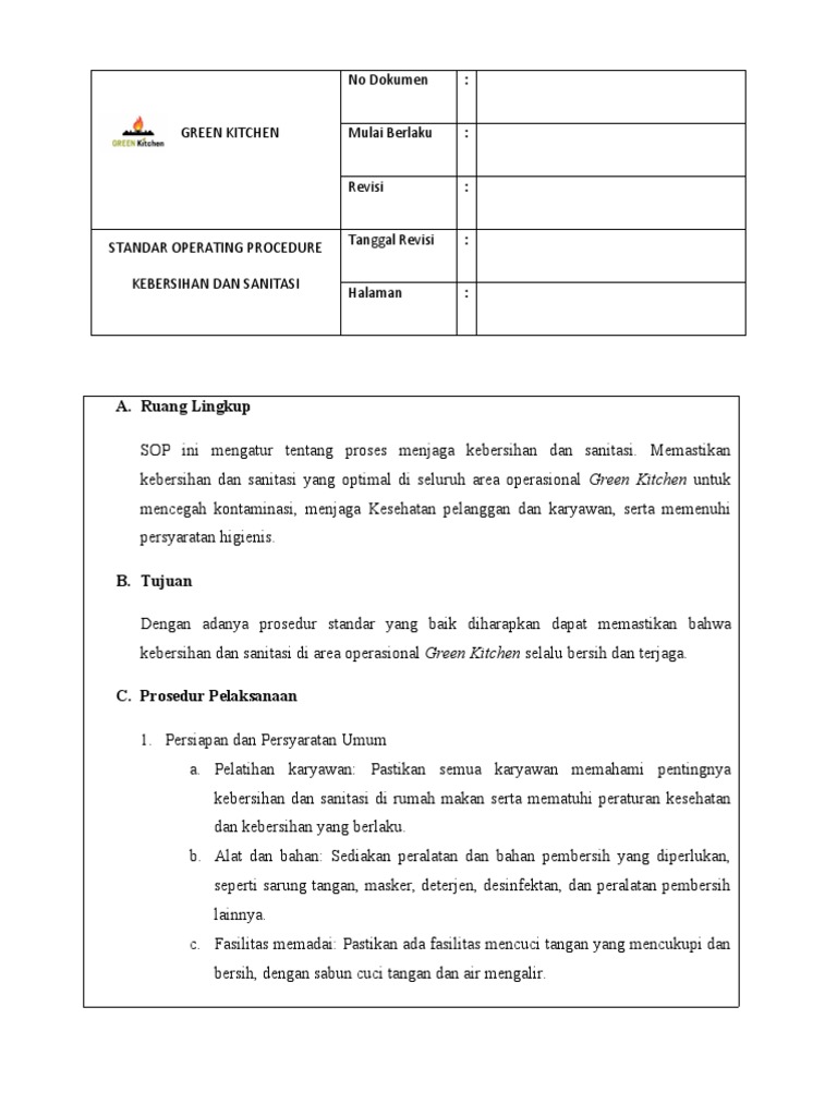 SOP Kebersihan dan Sanitasi Green Kitchen | PDF