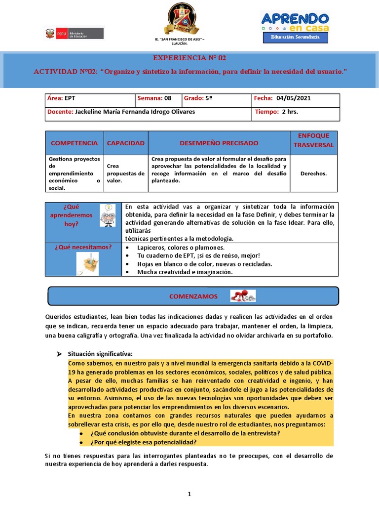 ACTIVIDAD N°02 E2 - 5° GRADO - EPT - Fernanda Idrogo | PDF | Cognición
