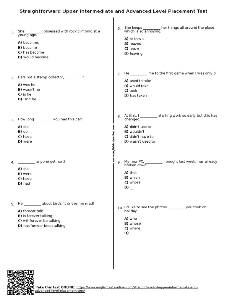 Upper Intermediate English Placement Test | PDF