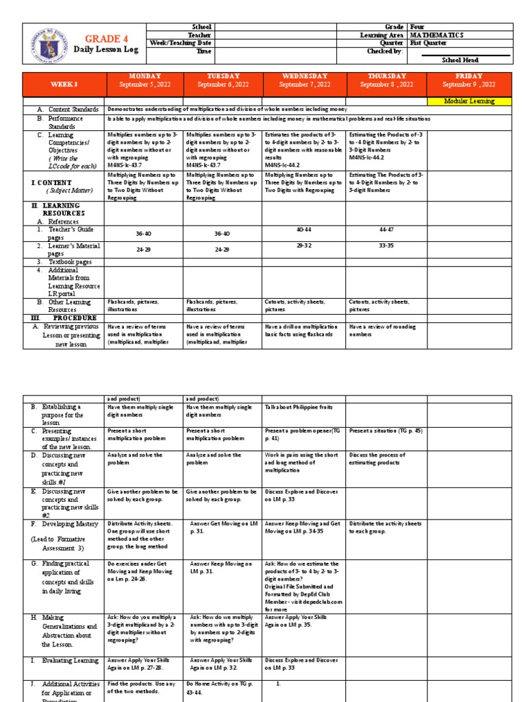 Grade 4 DLL Quarter 1 _Math_Week 3 | PDF | Multiplication | Learning