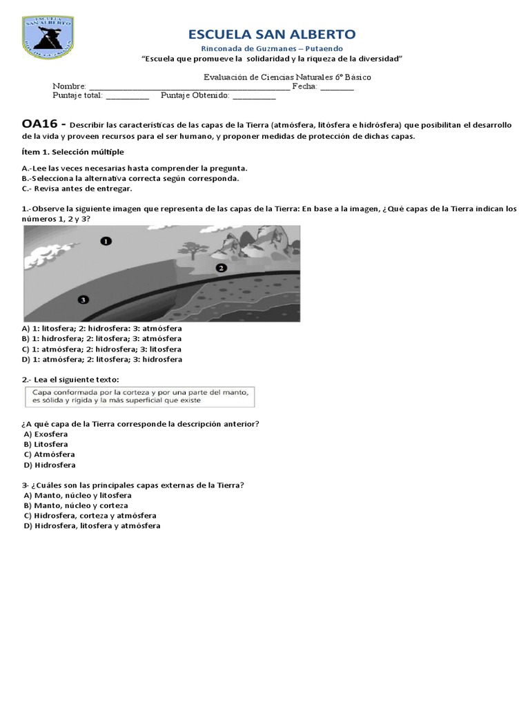 Evaluacion Las Capas de La Tierra | PDF | Tierra | Dióxido de carbono