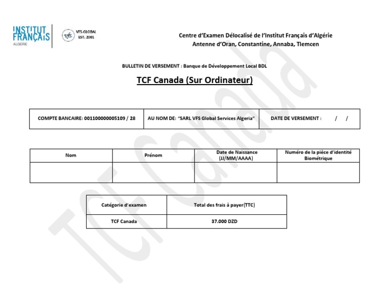 Bordereau de Paiement TCF Canada - Oran, Constantine, Annaba, Tlemcen | PDF
