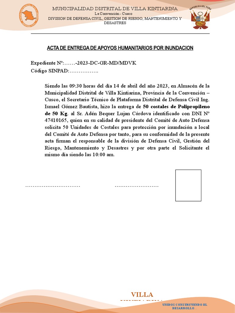 Acta de Entrega de Apoyos Humanitarios - Costales - BEQUER | PDF