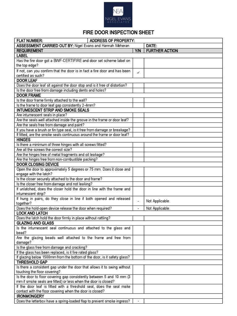 FIRE DOOR INSPECTION SHEET | PDF | Door | Equipment