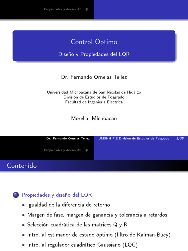Control Óptimo Diseño Y Propiedades Del LQR - Ornelas | PDF