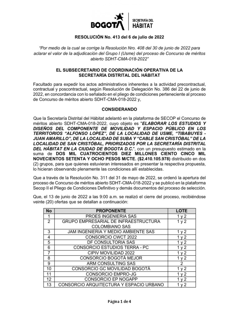 Alcance A La Resolución Adjudicación SDHT-CMA-018-2022 | PDF | Bogotá ...
