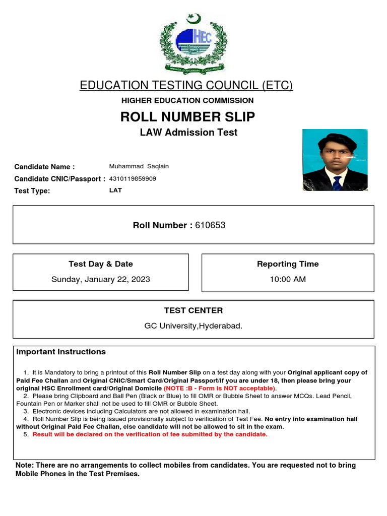 Etc Roll Number Slip Lat | PDF