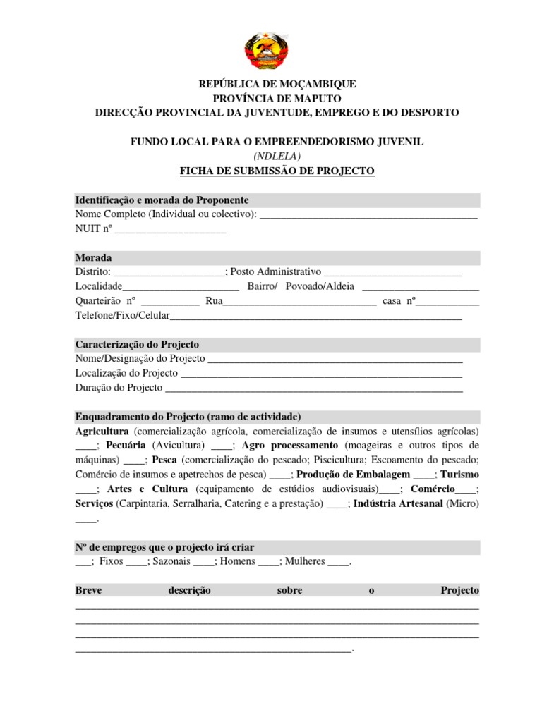 Ficha de Submissão Do Projecto - Ndlela | PDF | Agricultura | Economias