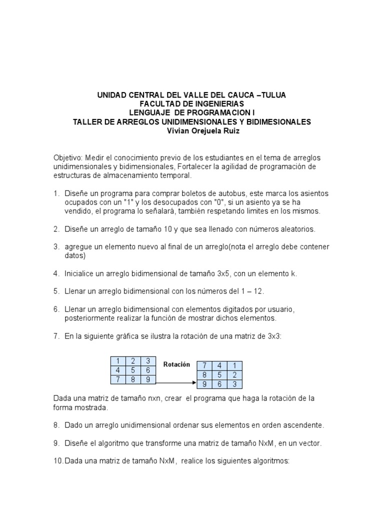 Taller1. Repaso de Arreglos Unidimensionales y Bidimensionales | PDF