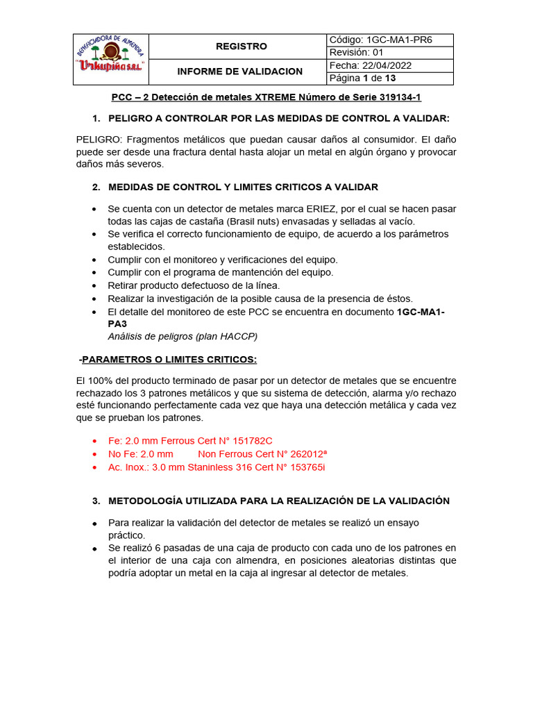 Informe de Validacion Detector de Metales | PDF | Análisis de Riesgo y Puntos Críticos de ...