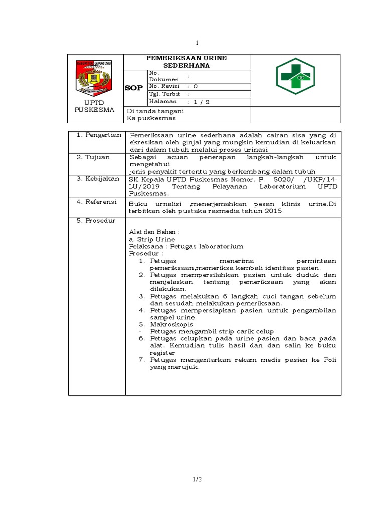 SOP Pemeriksaan Urine Sederhana Puskesmas | PDF | Sains & Matematika