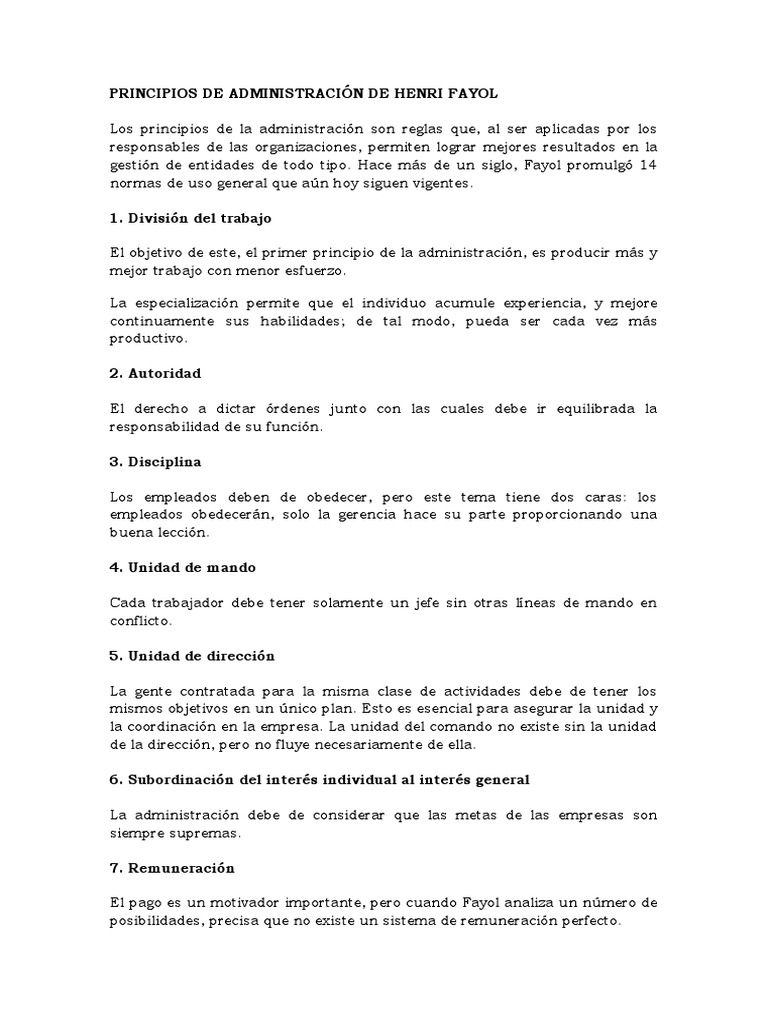Principios de Fayol y Cadena Escalonada | PDF