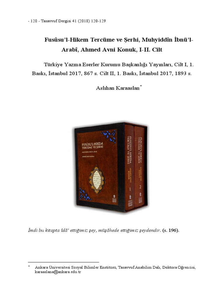Fus Su L-Hikem Terc Me Ve Erhi, Muhyidd N BN L-Arab, Ahmed Avni Konuk, I-II. Cilt (#849786 ...