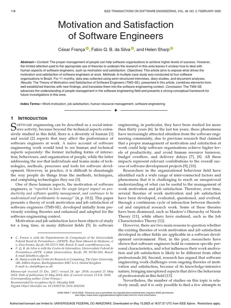 Motivation and Satisfaction of Software Engineers | PDF | Job ...