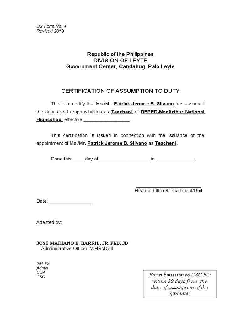 CS Form No. 4 Certification of Assumption To Duty | PDF