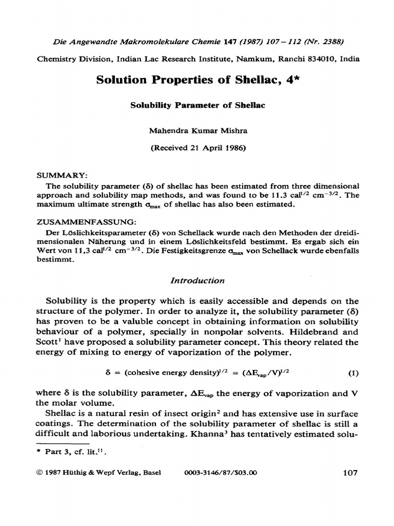 Shellac Solubility Parameter Study | PDF | Solubility | Chemical Polarity