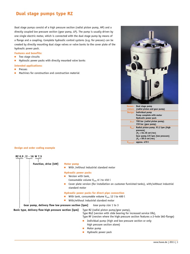Hawe Dual Stage RZ Pumps | PDF | Pump | Electric Motor
