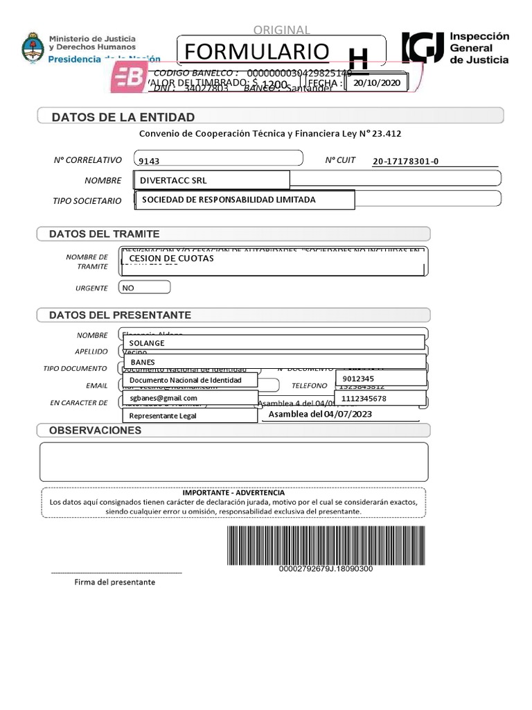 Formulario IGJ CESION DE CUOTAS | PDF | Derecho