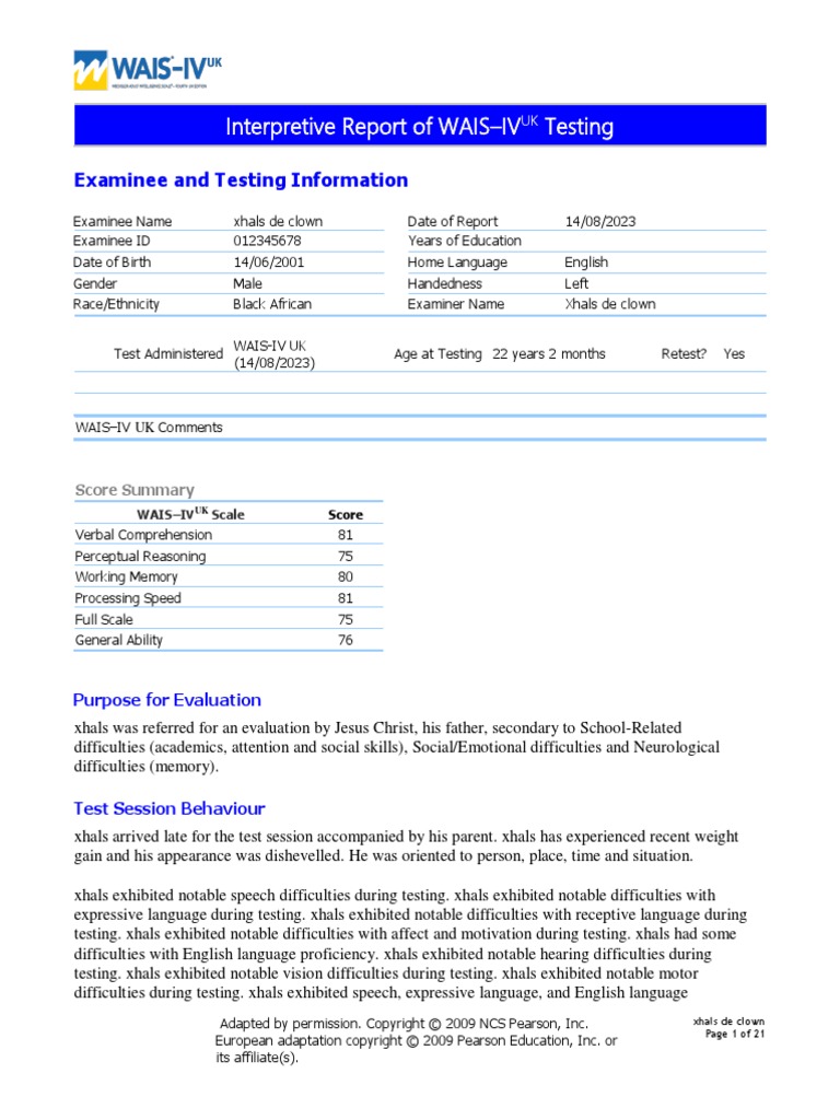 WAIS IV Results | PDF | Wechsler Adult Intelligence Scale | Behavioural ...