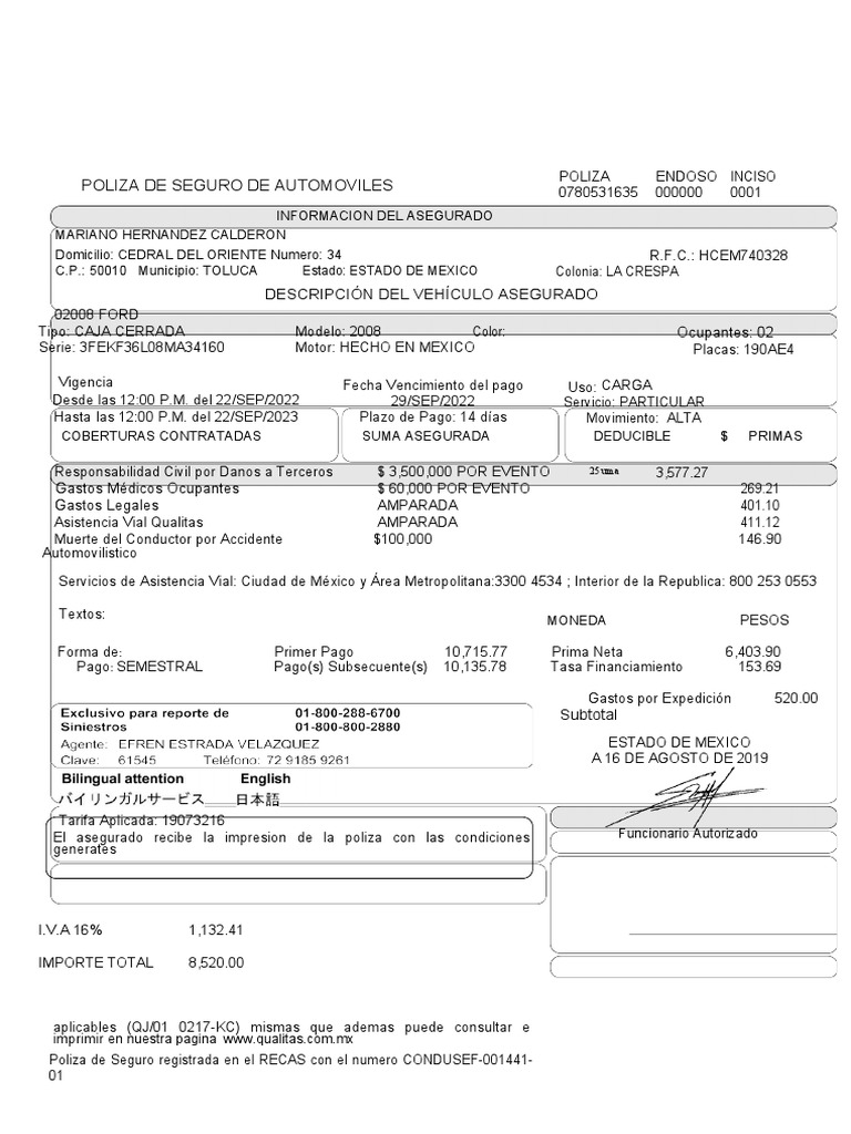 Machote Poliza Seguro | PDF | Vehículos | Transporte