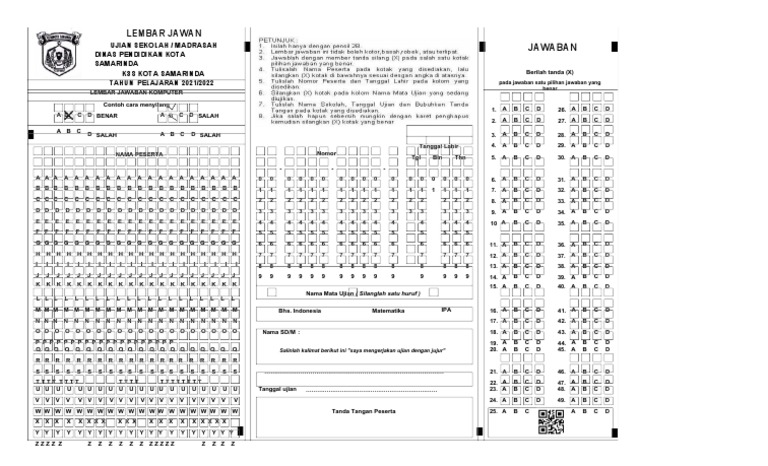 Format LJK Ujian Sekolah 2021/2022 | PDF