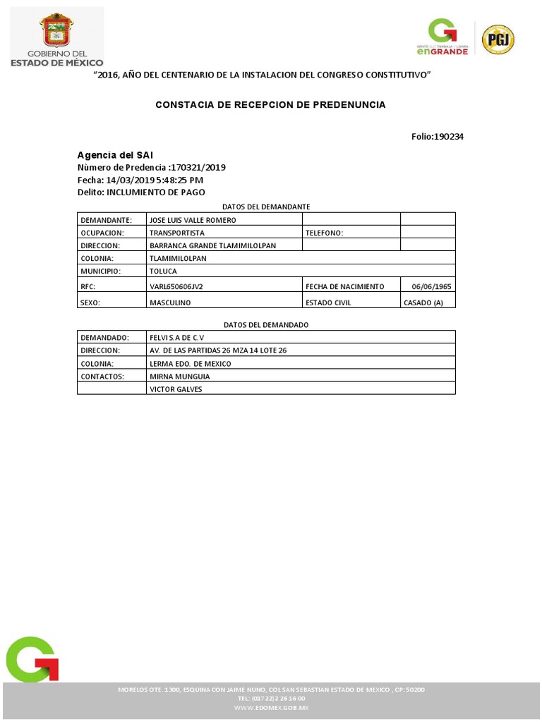 Constacia de Recepcion de Predenuncia | PDF