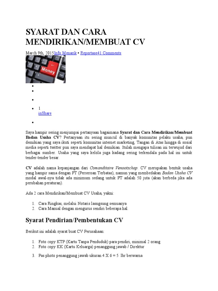Syarat dan Cara Mendirikan CV | PDF | Pengelolaan Keuangan & Uang