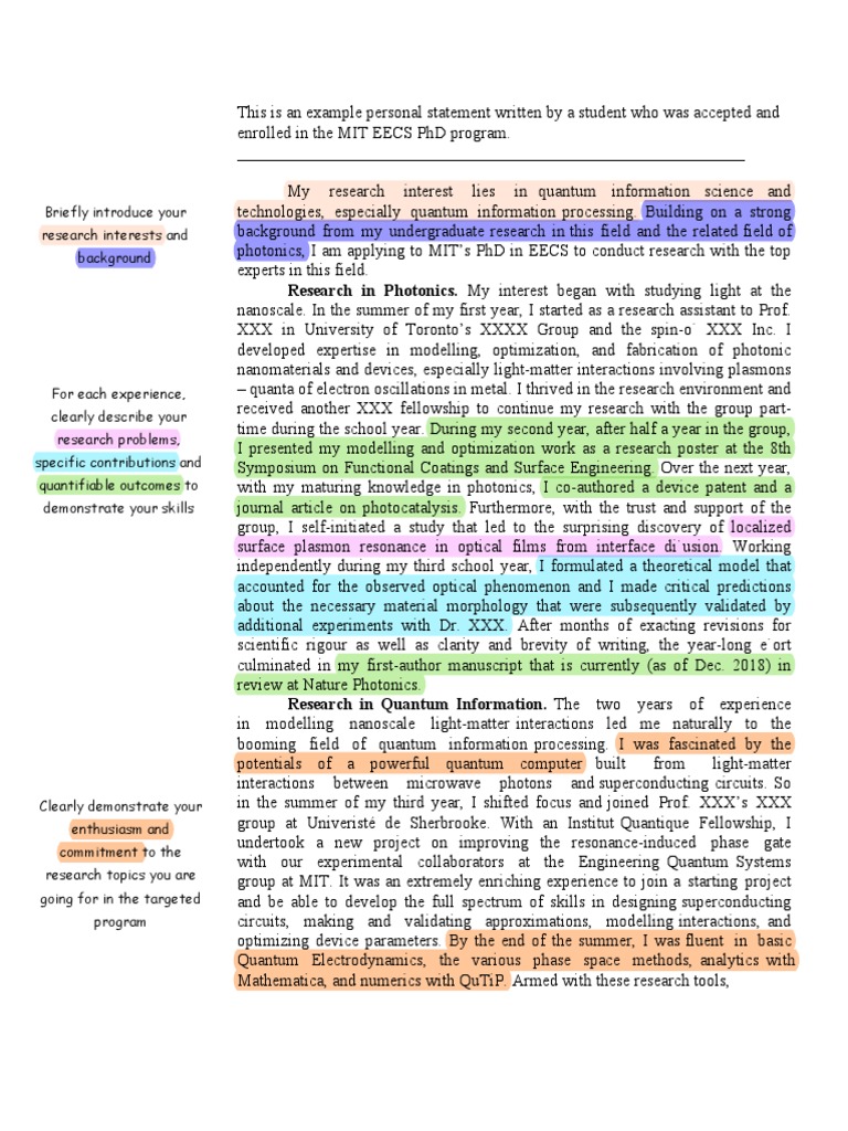 EE Grad School Personal Statement Annotated Example | Download Free PDF ...